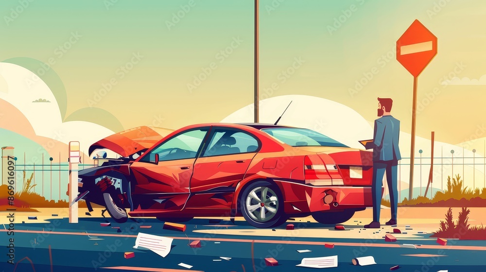 Auto insurance claim process, car accident scene with documentation ...