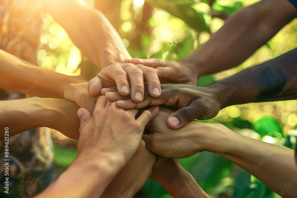 Diverse Hands Stacked in Unity in Nature Symbolizing Teamwork, Support ...
