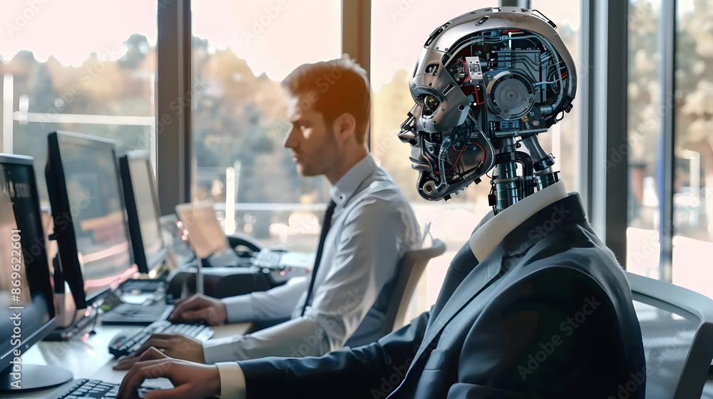 Business man working with AI artificial intelligence humanoid robot in ...