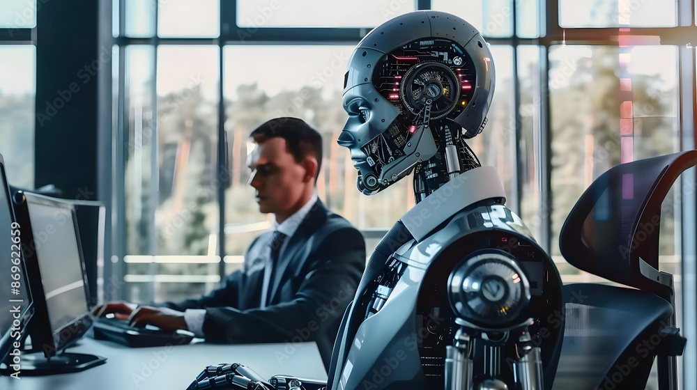 Business man working with AI artificial intelligence humanoid robot in ...