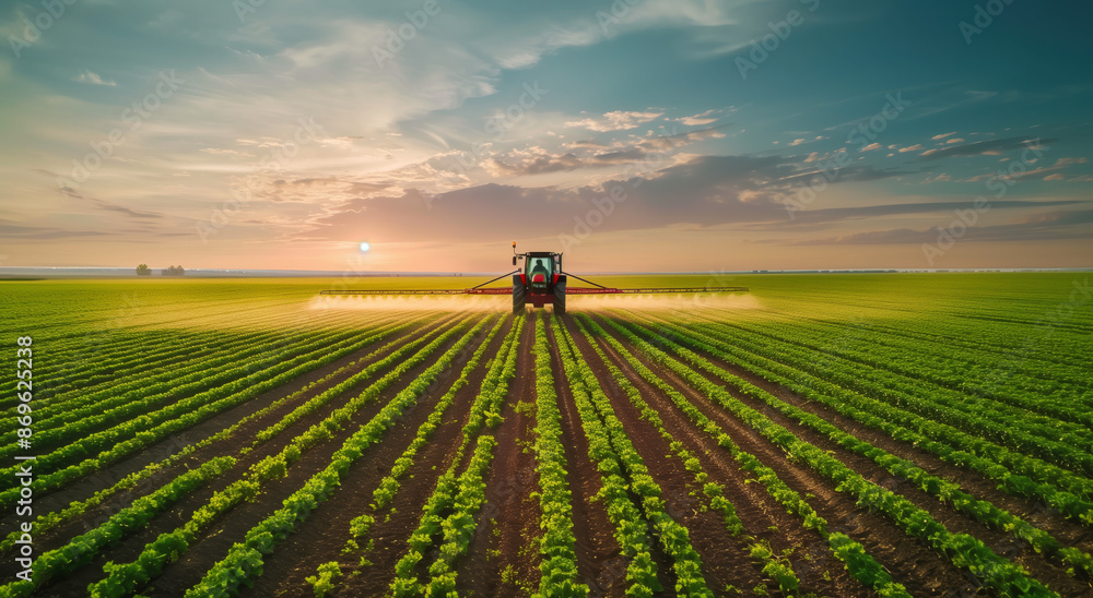 A tractor sprays a vast lettuce field at sunrise, highlighting modern ...