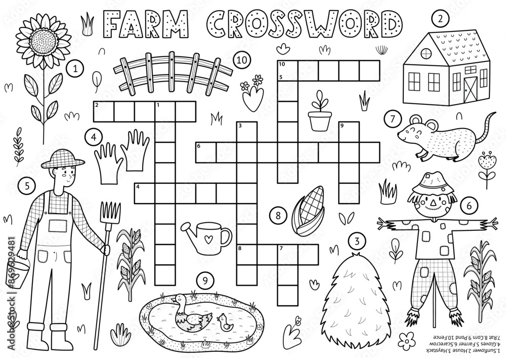 Crossword in black and white for kids with cute farm characters. Word ...
