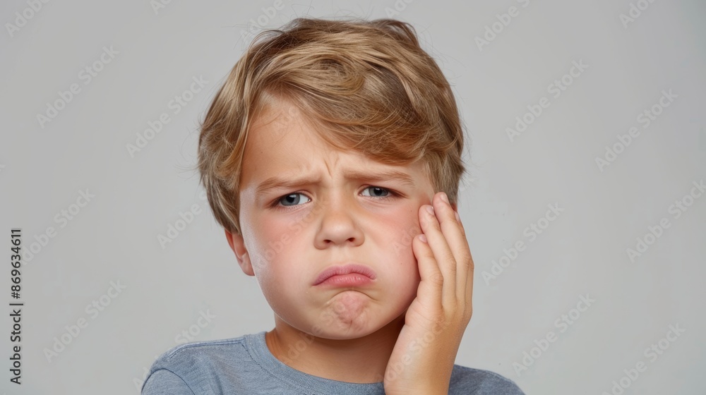 little boy presses hand to cheek, suffers from pain in tooth isolated ...