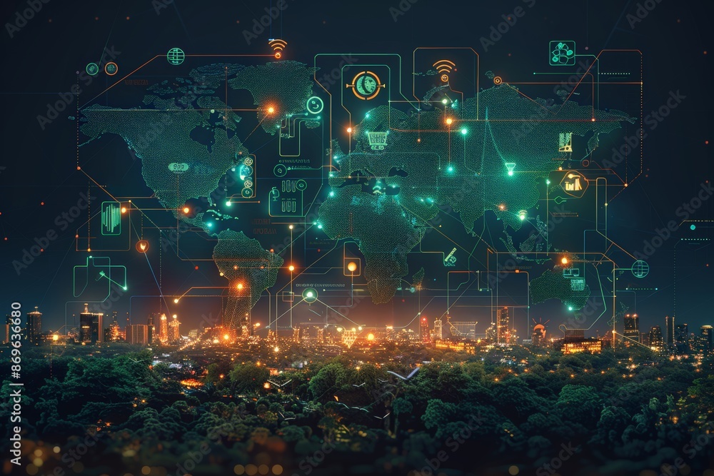 Eco-themed world map with icons for forests, renewable energy ...