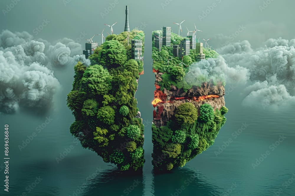 Globe split in half with buildings and wind turbines on one side, and ...