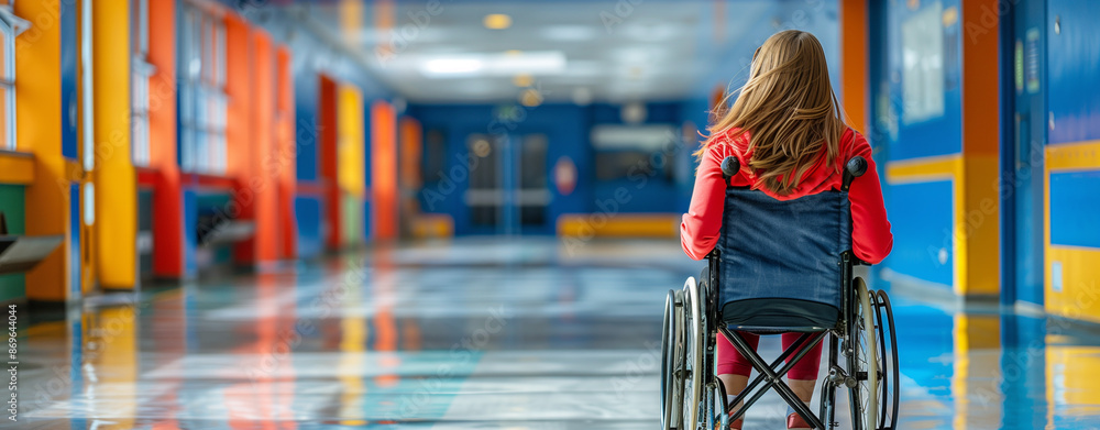student using a wheelchair, moving confidently down a school hallway ...
