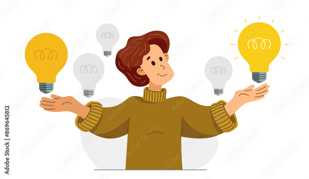 Young boy having a lot of ideas and choosing best one to solve some ...