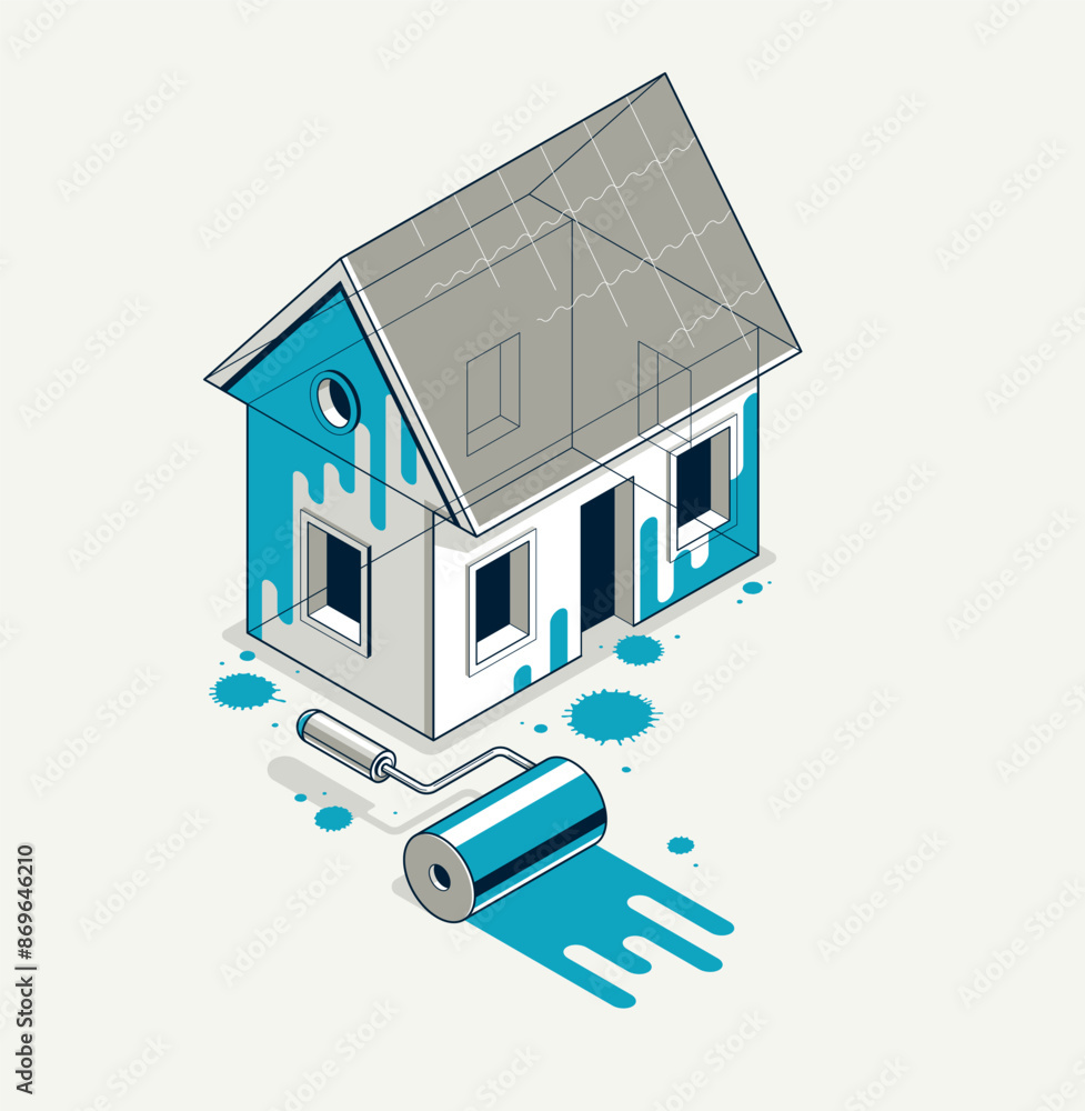 Painting house exterior walls vector 3D isometric illustration, diy ...