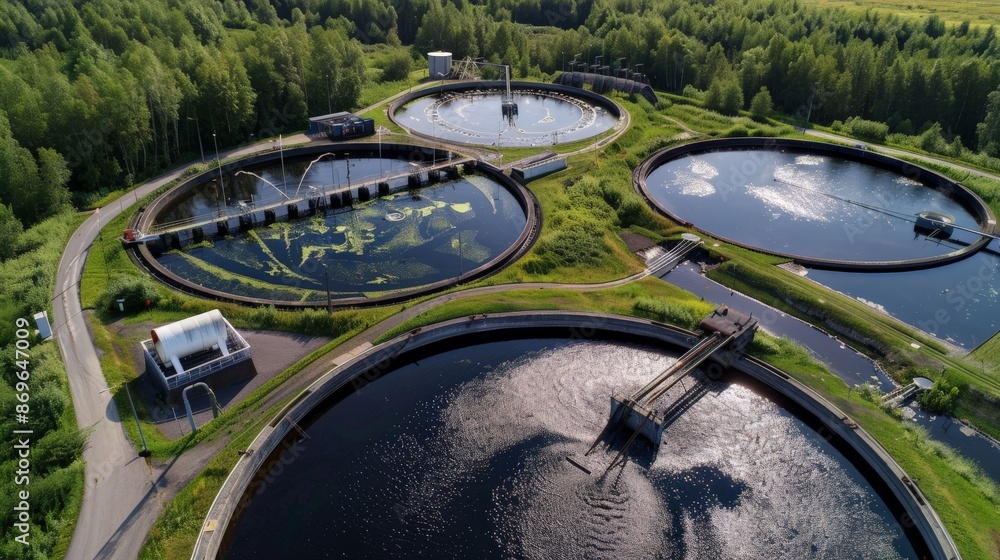 High-angle photo of a water treatment plant, clarifiers and aeration ...