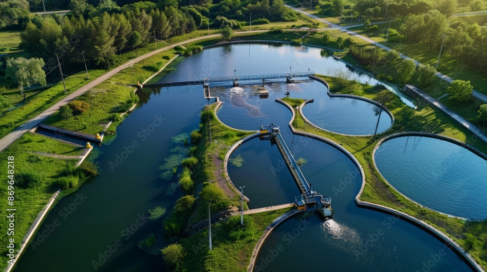 High-angle photo of a water treatment plant, clarifiers and aeration ...