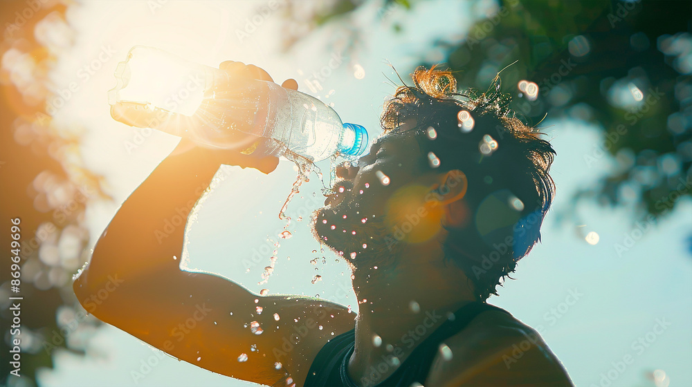 Heat stroke - Man pouring water from plastic bottle on his head in hot ...