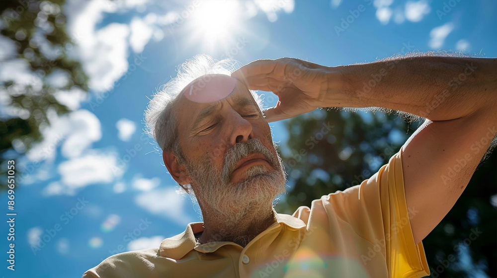 Heat stroke - Senior man with cold pack suffering from heat stroke ...