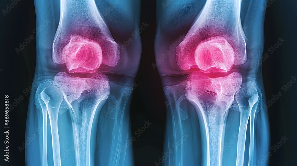 Medical X-ray of the knees highlighting bone pain and red symptoms ...