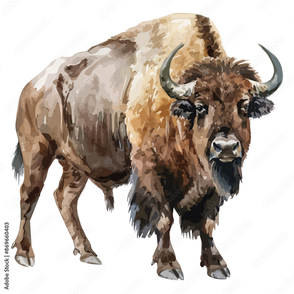 Watercolor Vector painting of a Buffalo bison, isolated on a white ...