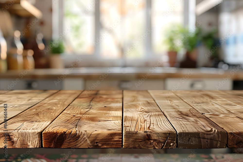 Wood table top on blurred kitchen background. can be used mock up for ...