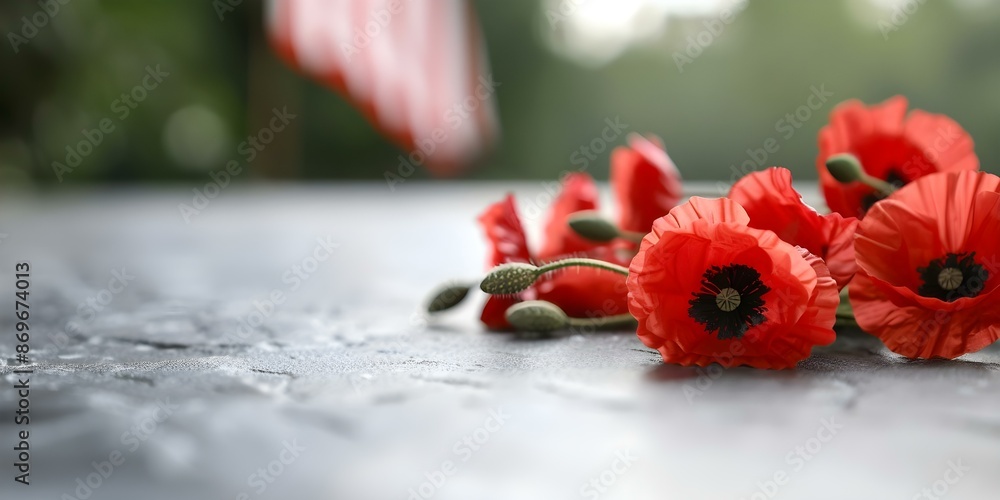 Honoring fallen soldiers Closeup of memorial plaque with red poppies ...