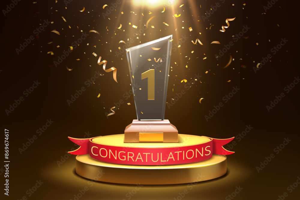 Gold award. Winner trophy. Golden prize on winning podium. Number 1 ...