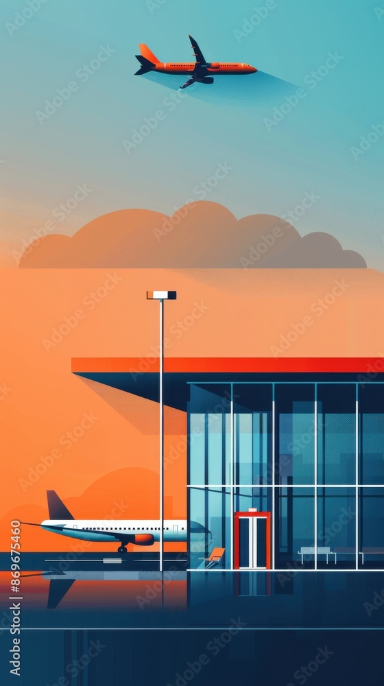 Illustrated airport scene with airplanes, terminal building, and sunset ...