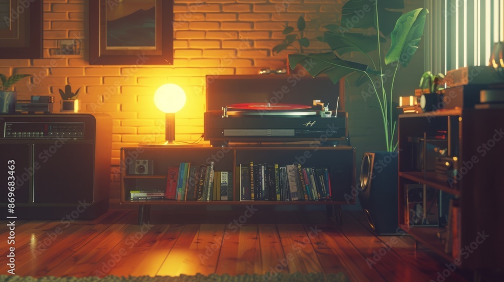 Vintage Vinyl Vibes A retro room with a record player and vinyl records ...