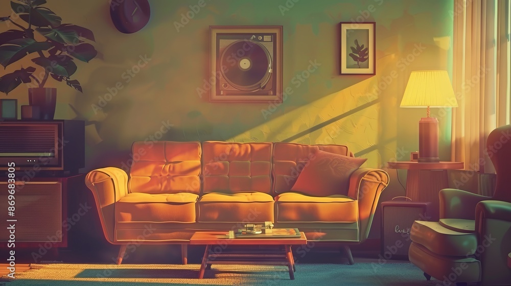 ภาพประกอบสต็อก Vintage Vibes A retro living room with old-fashioned ...