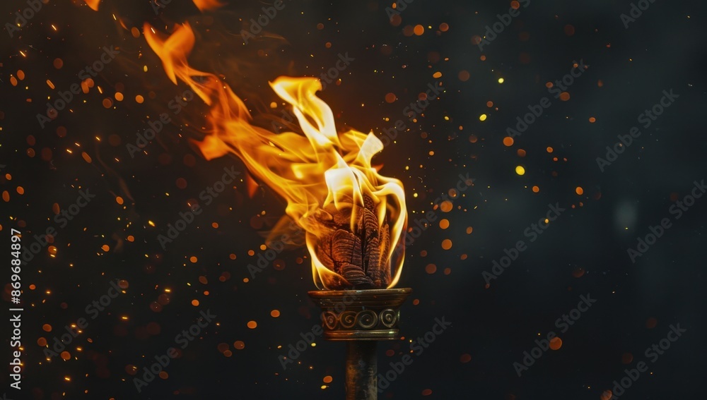 Close-up of burning torch on black background, a flame is depicted in ...