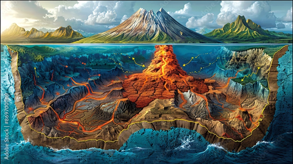 Artistic Cross-Section of a Volcanic Island with Lush Green Mountain ...