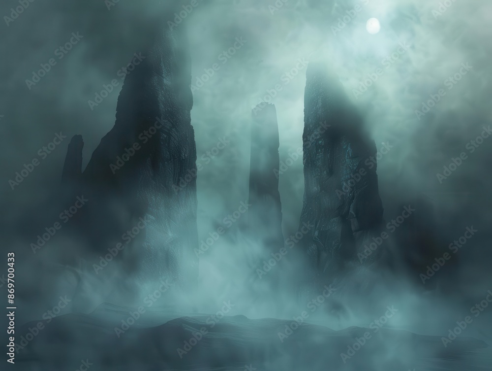 enigmatic monoliths shrouded in swirling mist ethereal landscape bathed in soft otherworldly ...