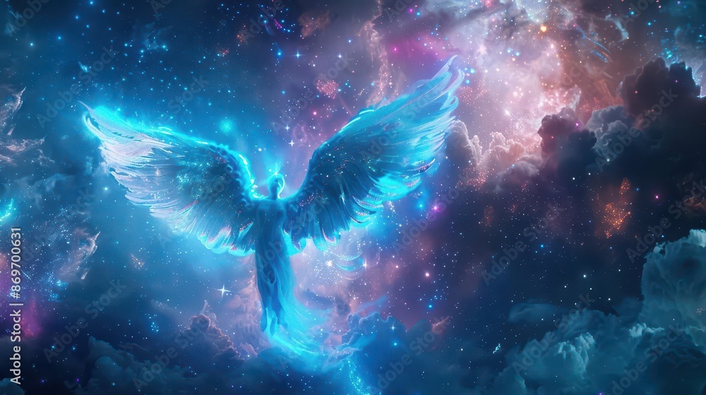 angelic figure with bioluminescent wings cosmic nebula background ...