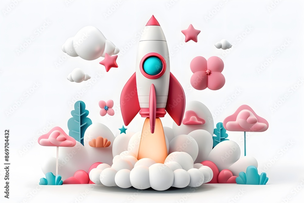 Cute cartoon rocket blasting off amidst whimsical clouds and stars in a ...