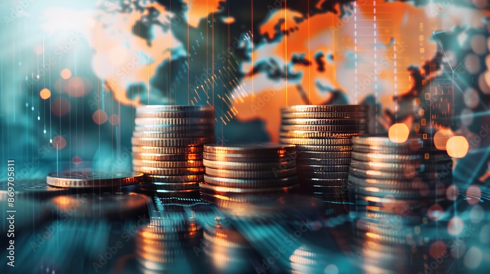 Stacked coins in front of a world map with digital overlays represent ...