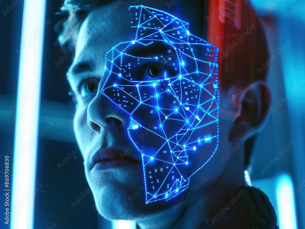 futuristic facial recognition interface glowing blue grid overlaying mans face data streams ...
