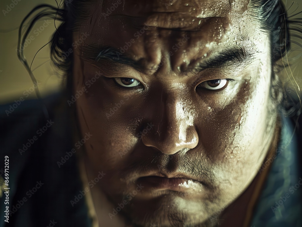 intense closeup of stoic sumo wrestlers face dramatic chiaroscuro ...
