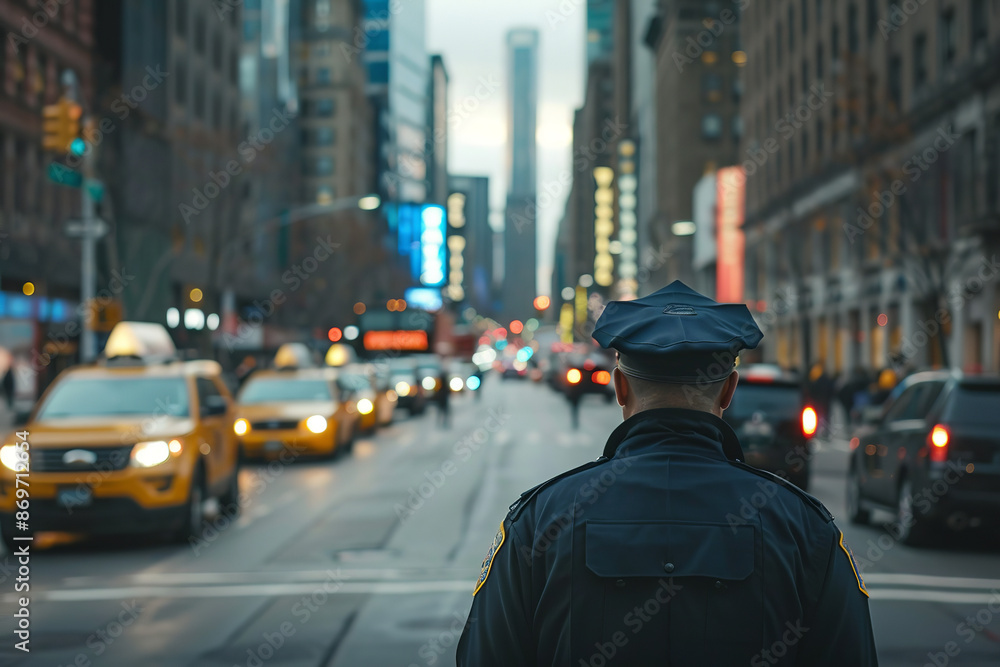 A police officer stands in the middle of a busy street, maintaining ...