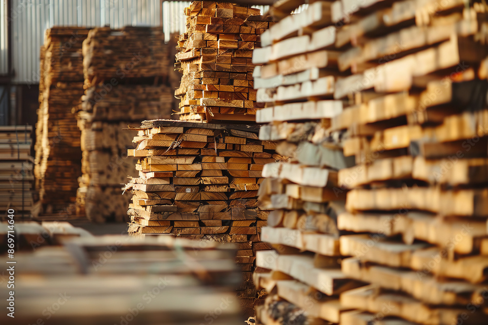 Piles of wooden boards are stacked in a warehouse at a sawmill outdoors ...