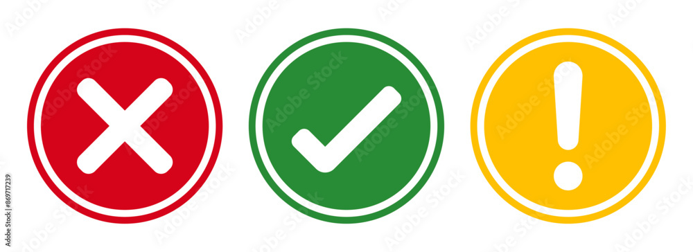 Right, Wrong, Exclamation mark in new style. Vector set of flat round ...