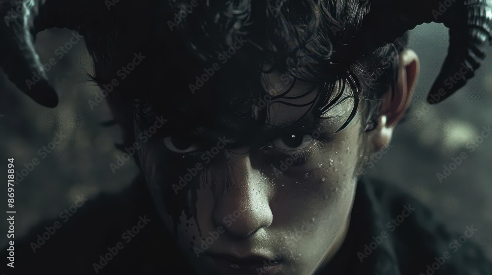 melancholic portrait of sorrowful devil shadowy horns smoldering eyes ...