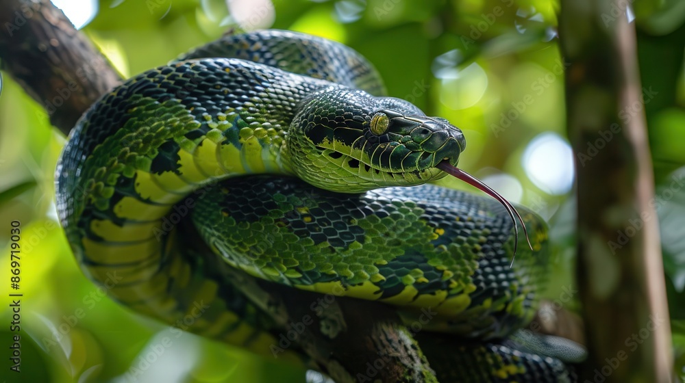 menacing green anaconda coiled around a tree branch in a lush tropical ...