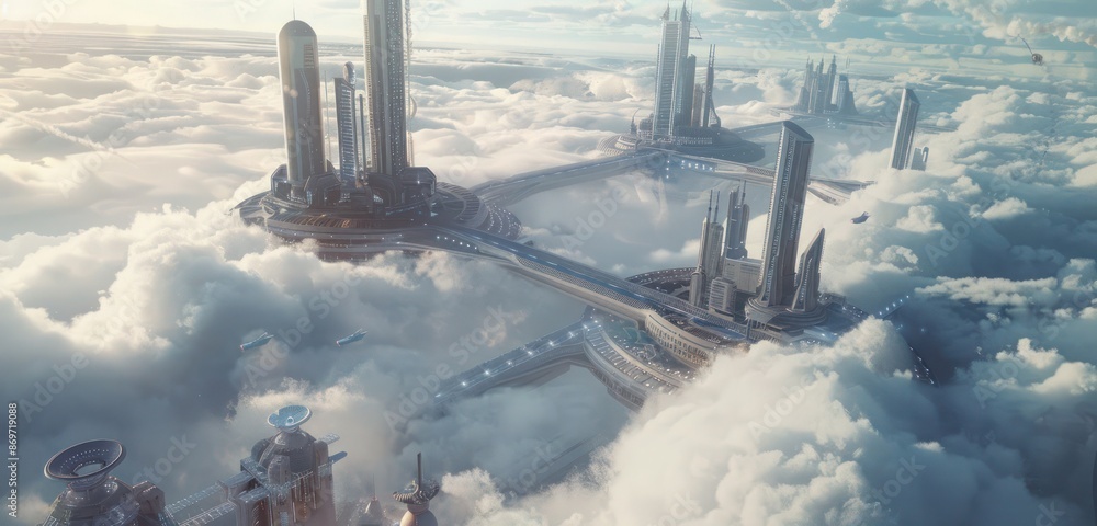 Surreal scene of a floating city above the clouds, with futuristic ...