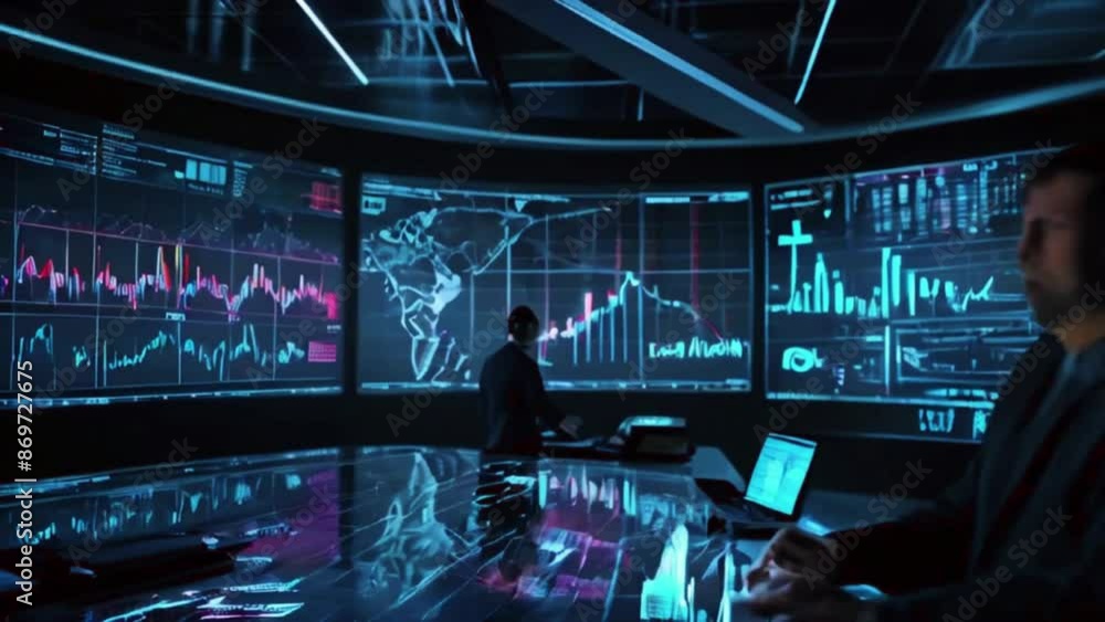 A high-tech trading floor with traders interfacing with holographic ...
