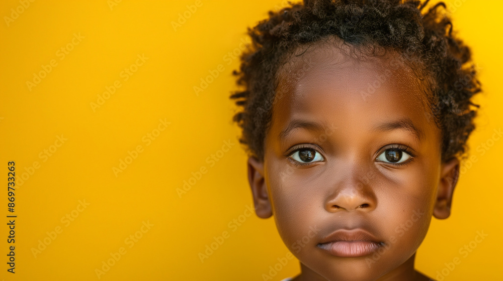 Yellow background sad black American African child Portrait of young ...