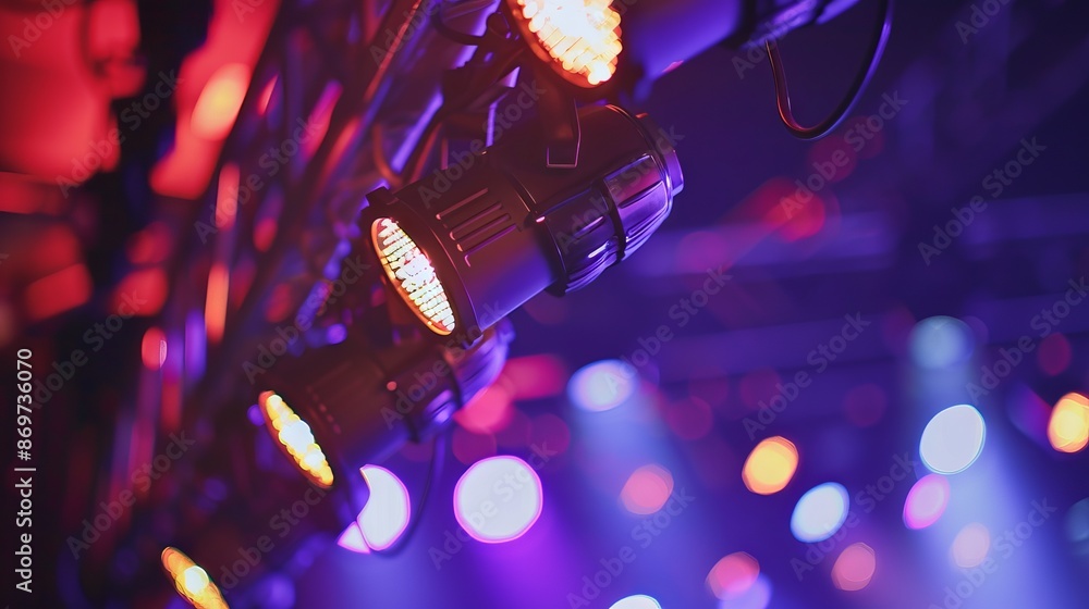Colorful stage lights at concert. Stage spotlights and colorful bokeh ...