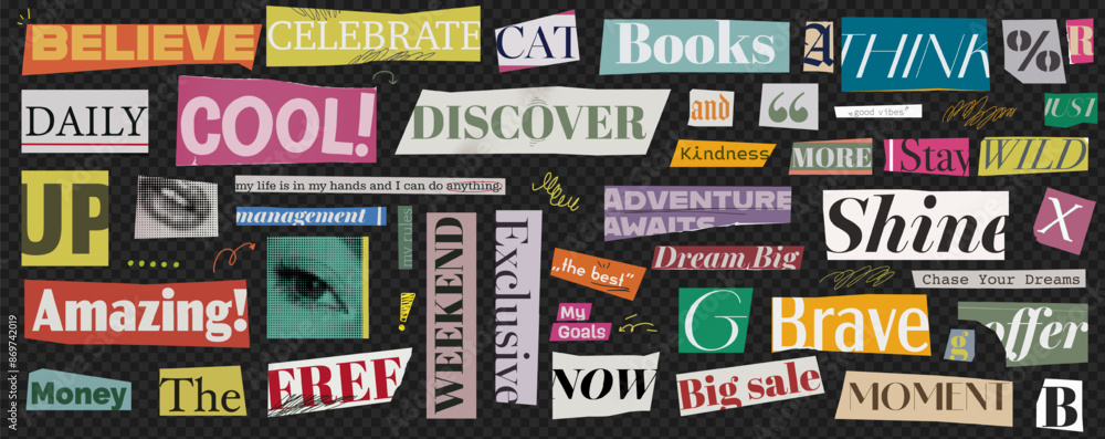 Collage elements kit. Cutout magazine text. Ransom letter for note ...