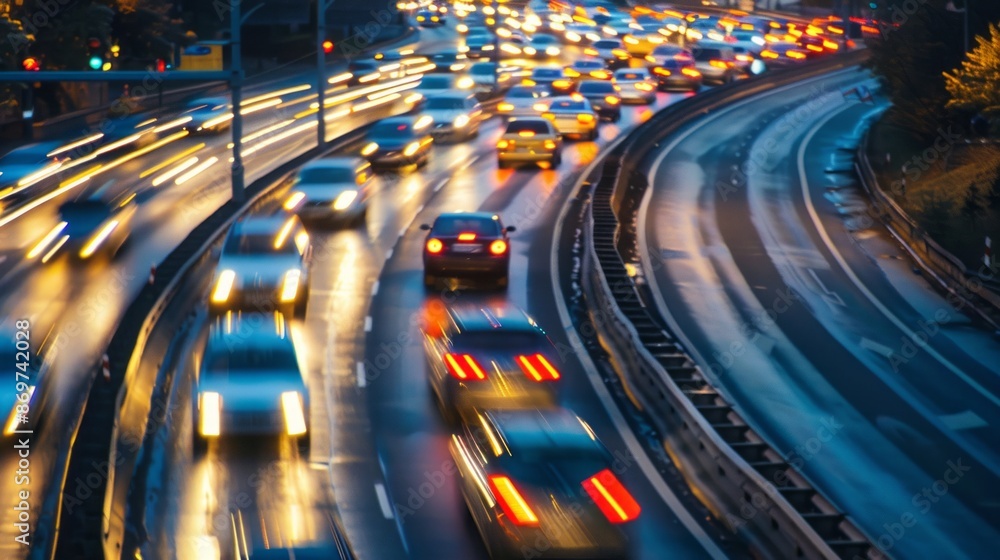City night traffic rush hour. Busy multi-lane highway with cars stuck ...