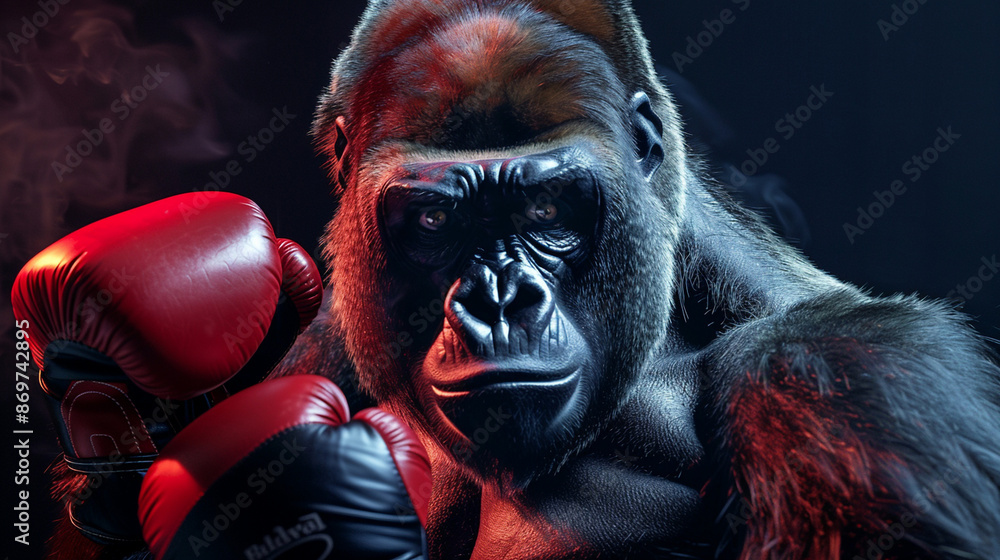 Portrait of a powerful dominant male gorilla boxer, anthropomorphic animal sportsman in boxing ...