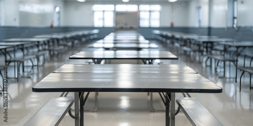 Quiet scene in school cafeteria before students tidy up and sanitize ...