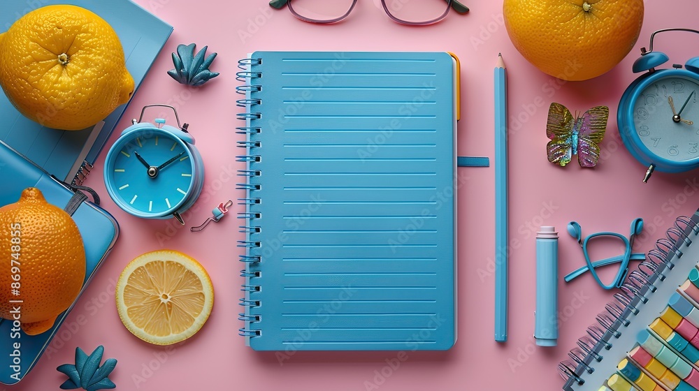 flat lay blank paper notepad mockup with blue school supplies on pink ...