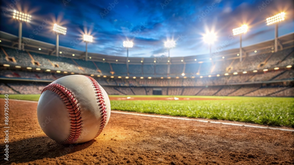 Baseball on the Field at Night with Stadium Lights Stock Photo | Adobe ...