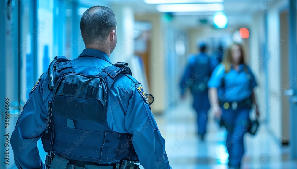 Security personnel assisting employees during an emergency evacuation ...