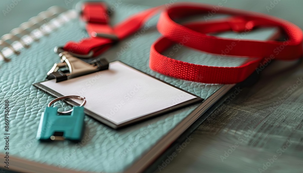 Student ID card and lanyard on a notebook, empty background, back to ...