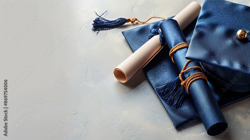 flat lay composition with graduation cap diploma,american flag on white ...